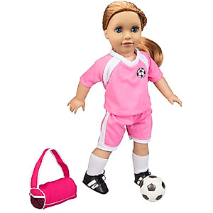 Dress Along Dolly 6pc Soccer Uniform Outfit w Soccer Ball-18 Doll Clothes & Accessories Compatible w American Girl Dolls-Set Includes Jersey, Shorts, Socks, Cleats, Sports Bag, & Ball-Gifts for Girls