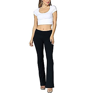 CNC STYLE P001 Women's Comfy Cotton Foled Waist Stretch Bootcut Yoga Leggings High Waisted Bootleg Flare Work Pants, Black, Large