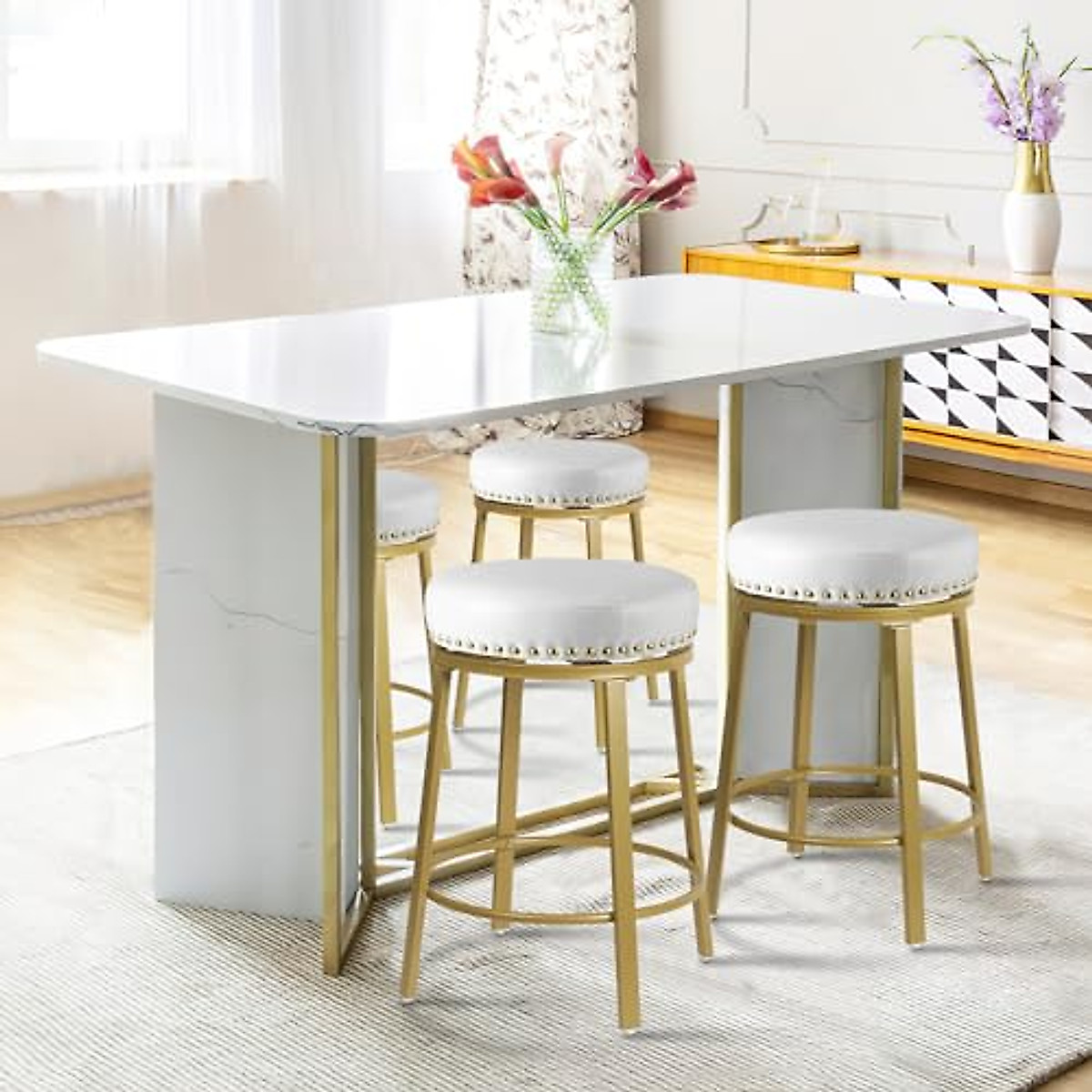 FLYZC White & Gold Bar Stools Set of 2 Counter Height 24 Inches Swivel Bar Stools for Kitchen Counter Island Backless Modern Gold Barstools Upholstered Faux Leather Round Counter Stools, White+Gold