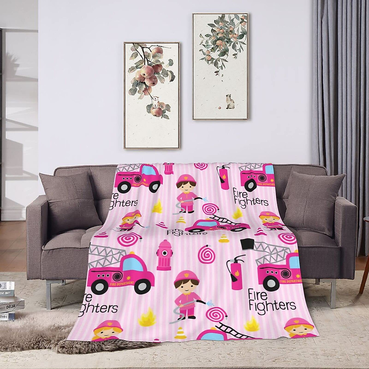 Girly Firefighters Cute Pink Fire Truck Throw Blanket Super Soft Warm Bed Blankets for Couch Bedroom Sofa Office Car, All Season Cozy Flannel Plush Blanket for Girls Boys Adults, 50"X40"