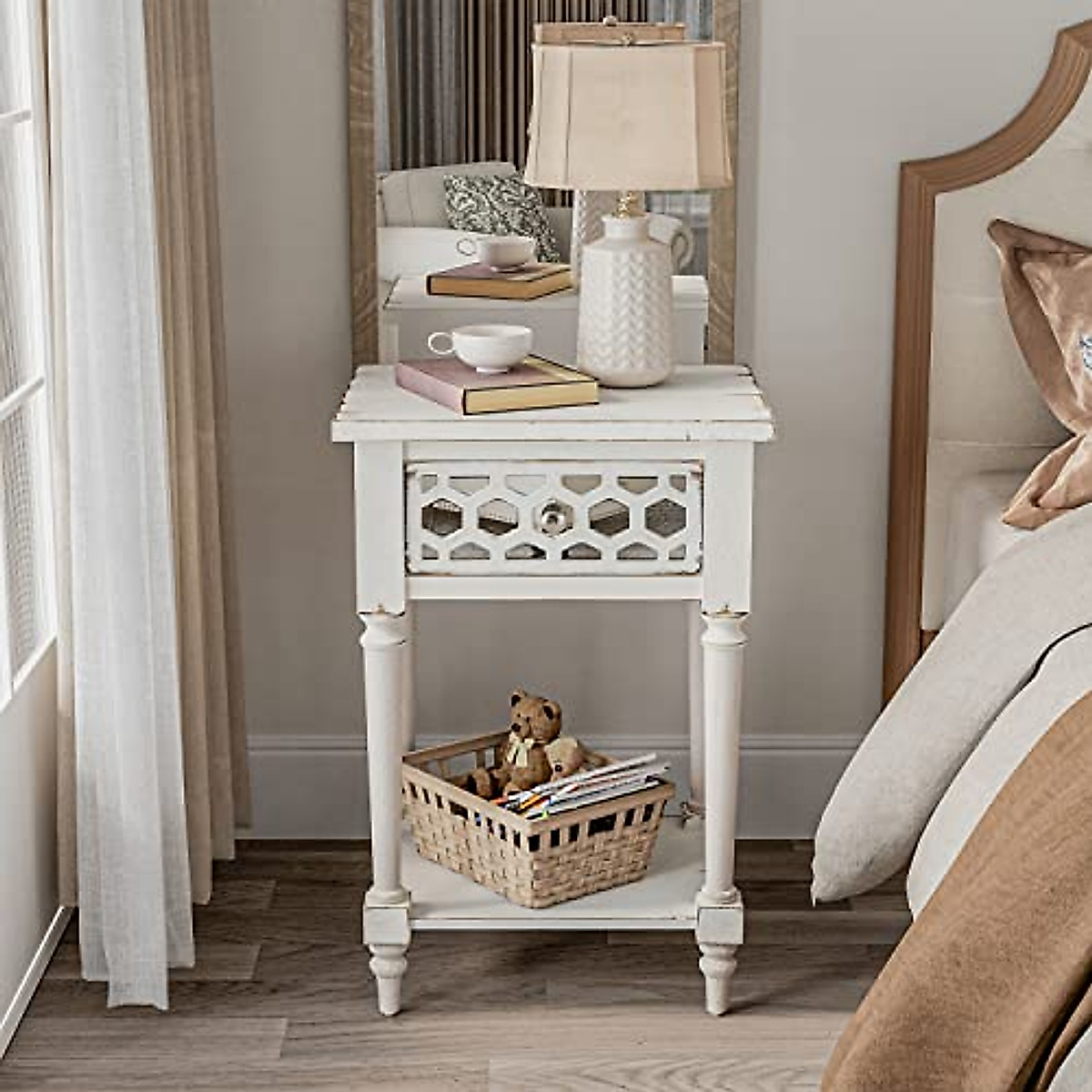 COSIEST End Table Sets of 2, Small Vintage Nightstand, Farmhouse Accent Table, Wood Grain Bedside Table with Mirrored Drawer and Open Display Shelf for Bedroom, Living Room, White