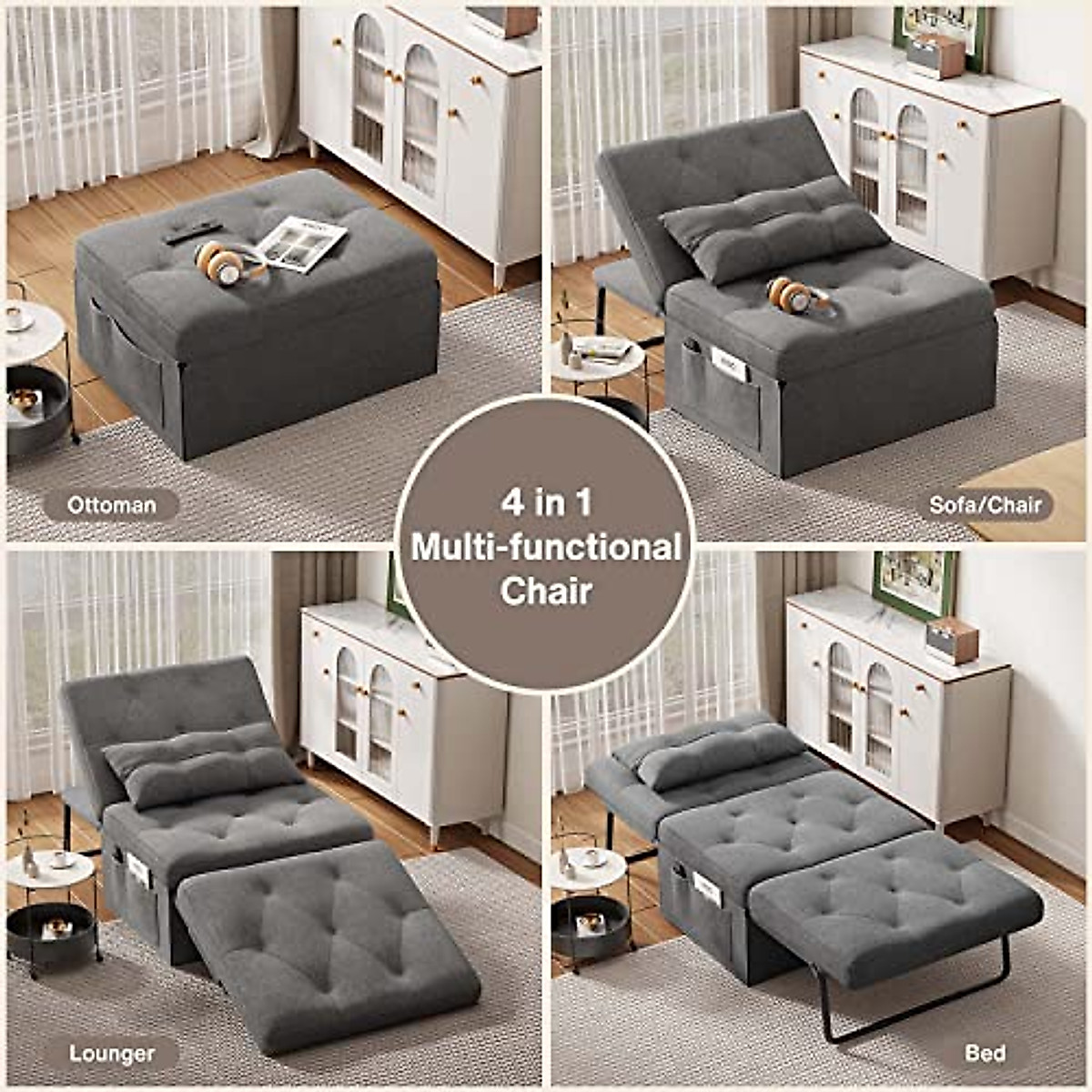 Aiho Sofa Bed, 4 in 1 Sleeper Chair Bed Coverts to Guest Bed Folding Ottoman with Adjustable Backrest, Modern Breathable Linen Couch Bed for Living Room Apartment Office, Dark Grey
