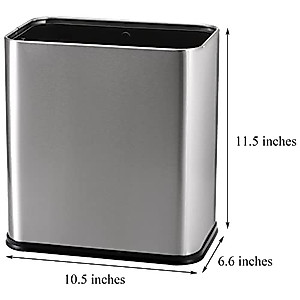 Coloch 10L Rectangle Metal Trash Can, 2.6 Gallon Stainless Steel Wastebasket Slim Size Garbage Bin Silver Invisi-Overlap Open Top Rubbish Bin for Bathroom, Kitchen, Home, Hotel, Office, School