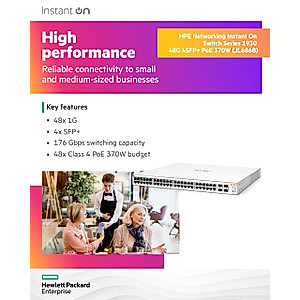 HPE Networking Instant On Switch Series 1930 48-Port Gb Smart-Managed Layer 2+ Ethernet Switch with PoE | 48x 1G | 4X SFP+ | 48x CL4 PoE 370W | US Cord (JL686B#ABA)