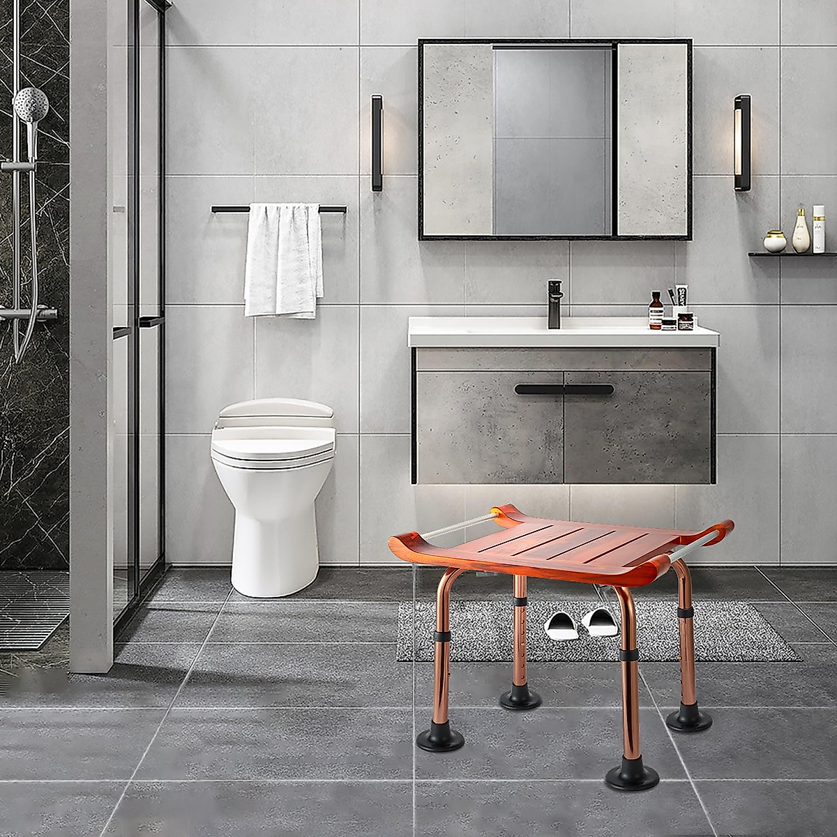 Teak Shower Bench Stool Chair Seat with Handles, Shower Benches Stool Chair Seat for Inside Shower, Height Adjustable Waterproof for Adults Elderly