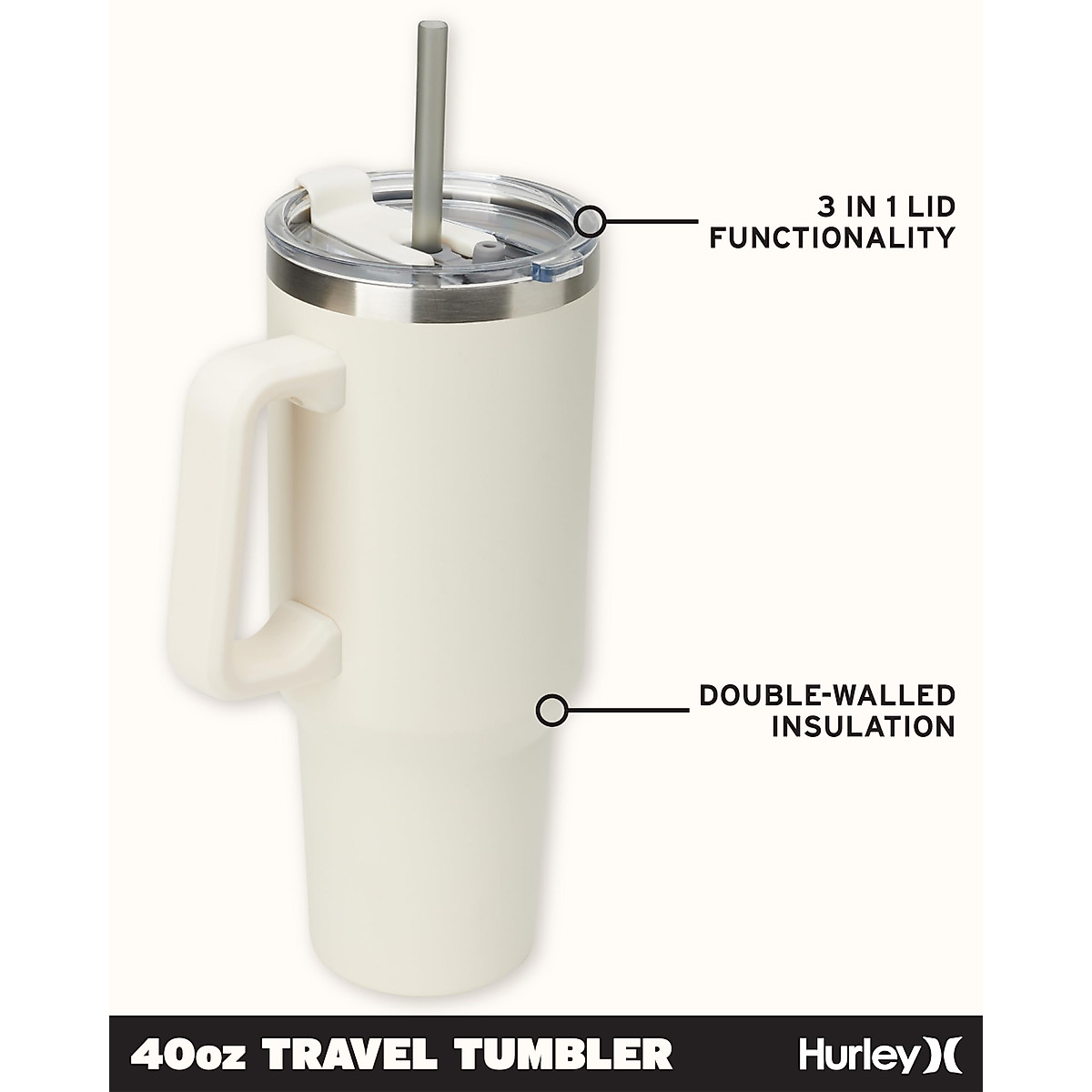 Hurley Tumbler Thermos - 40oz Double Wall Vacuum Insulated Travel Mug with Handle - BPA Free Stainless Steel Water Bottle - Leak Proof Hot and Cold Coffee Car Cup, Size 40 Ounces, Ivory