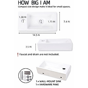 QUXIJA Ceramic Liberty Wall Mount Sink, Rectangle Small Bathroom Sink,Classic Look and Save Space,Right/Left Hand (Left Hand)