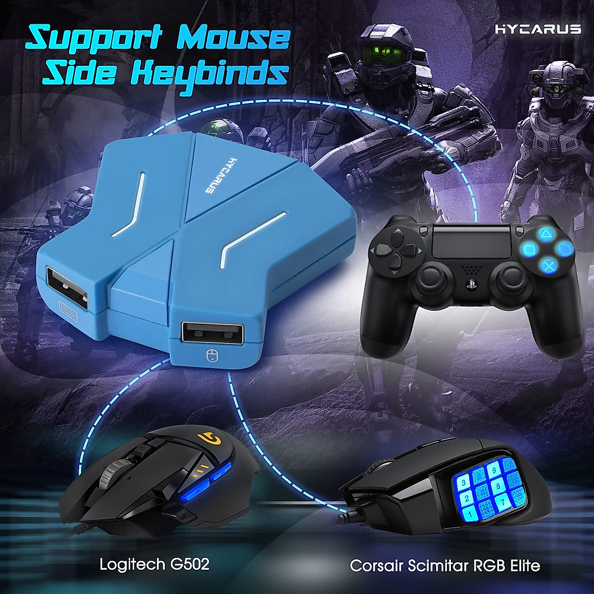 HYCARUS [2022 New Model] Keyboard and Mouse Adapter for Nintendo Switch/Xbox One/ PS4/ PS3, PS4 Keyboard Adapter & Xbox Keyboard Adapter. Perfect for Games Like FPS, TPS, RTS, etc. (HC-30050)