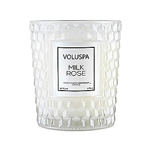 Voluspa Milk Rose Candle | Classic Textured Glass | 6.5 Oz. | 40 Hour Burn Time | Coconut Wax and Natural Wicks for a Cleaner Burn | Vegan | Hand-Poured in The USA
