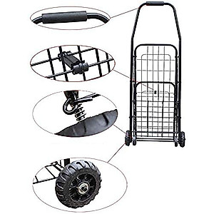 Shopping Trolley on Wheels Multi Function Shopping Cart Portable Folding Wrought Iron Trolley Luggage Trailer Special Spray Treatment Intimate Basket Buckle Storage Hand Trucks,Black,88Cm