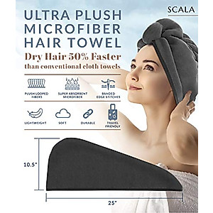 Scala Microfiber Turban Hair Towel Wrap (2 Pack) for Women - Fast Dry, Super Absorbent, Anti-Frizz, Tangle-Free, Quick Drying and Plopping for Wet Curly Hair