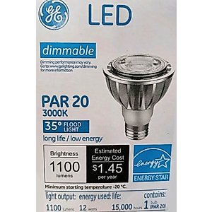 GE 38130 LED PAR20 Flood Light, 1100 Lumens, 3000K, 35 Degree Beam Angle, Dimmable, 12 watts, 15000 Hours, Energy Star