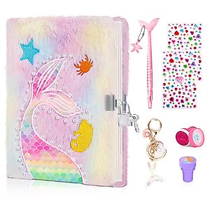 homicozy Mermaid Diary for Girls with Lock and Keys,Tie-Dye Fuzzy Journal for Kids with 160 Lined Pages,Fluffy Secret Notebook for Writing and Drawing,Gifts for Girls Over 3 Years Old,Pink