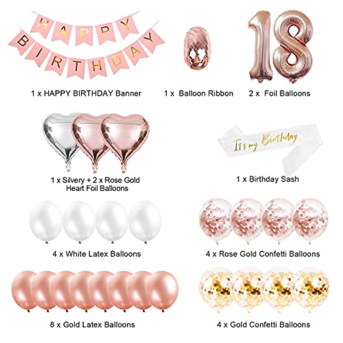 Happy 18th Birthday Party Decorations for Her Rose Gold, Jumbo Number 18 Foil Balloon, 18th Birthday Sash Cake Topper Banner Balloons, Rose Gold 18th Birthday Party Supplies for Women Anniversary