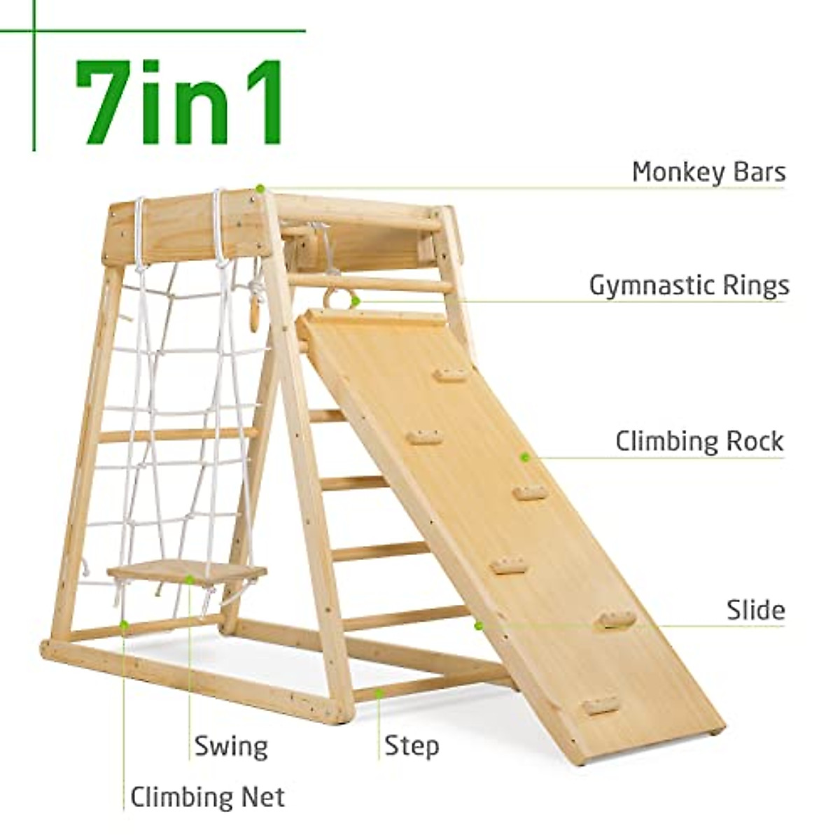 Climber,Indoor Playground Wood Playset 7-in-1 with Jungle Gym, Ramp, Slide, Swing, Swedish Ladder, Pine Wood, Rock Wall Dome for Kids Ages 1+