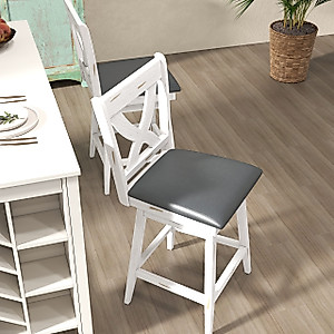 MU Bar Stools Set of 4, 24" Seat Height Counter Height Swivel Barstools with X-Back, Upholstered 360 Degree Swivel Dining Chair with PVC Cushioned Seat, Footrest & Wood Legs, White