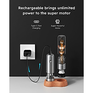 FORLIM Mini Electric Salt and Pepper Grinder Set with Wood Base, USB Rechargeable, Small Automatic Salt Pepper Mill Grinder, Travel/Outdoor BBQ/Children, One-Button Control (2 Packs, Stainless Steel)