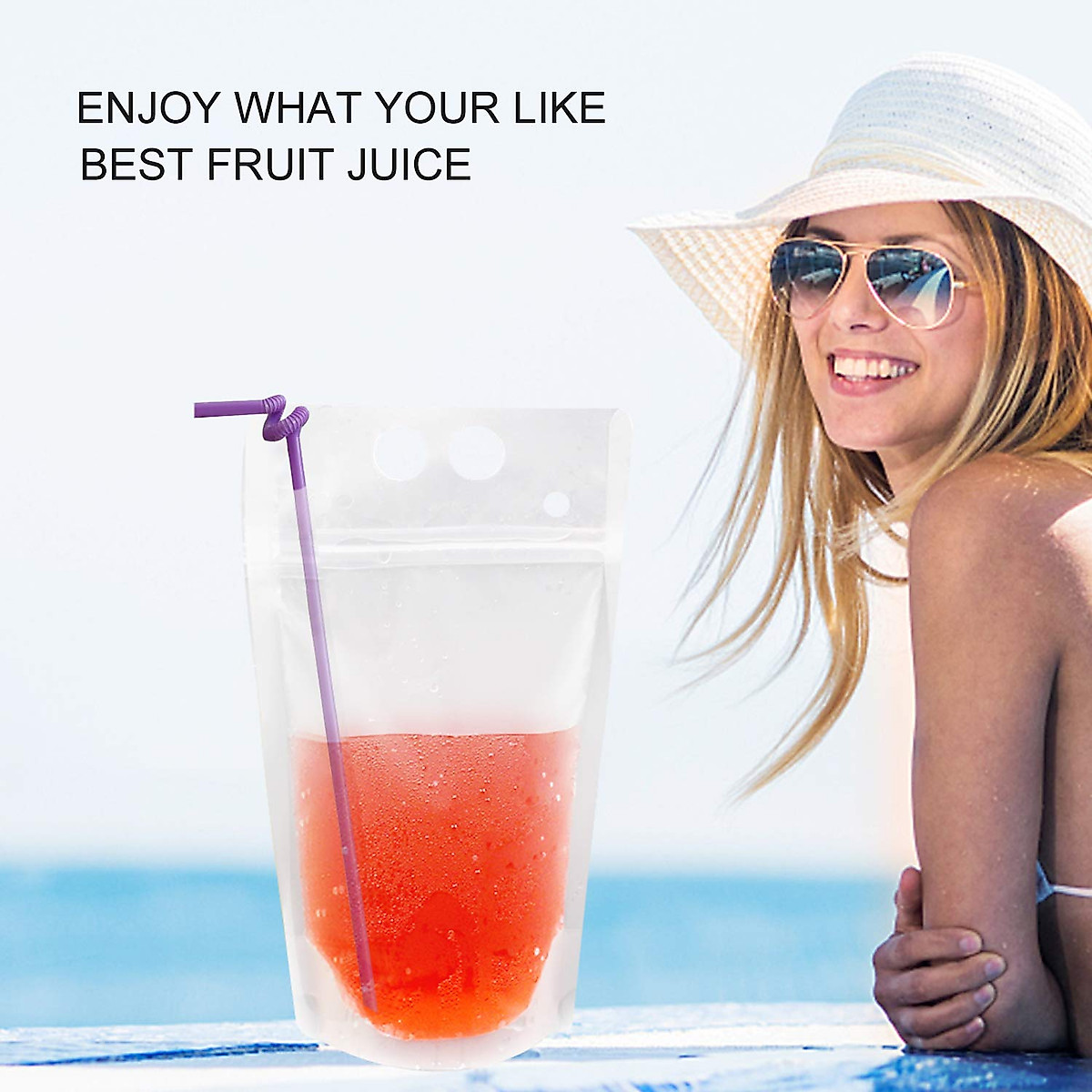 150 Pcs Zipper Plastic Pouches Drink Bags,Juice Pouches Heavy Duty Hand-Held Translucent Reclosable Stand-up Bag with 150 pcs Individual Package Straws & Funnel Included