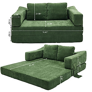 LUMISOL 70" Folding Pull Out Sofa Bed, Convertible Futon Sofa Bed with Removable Armrests & Side Pockets, Portable Foldable Floor Sleeper Sofa Couch with 2 Pillows for Living Room, Green