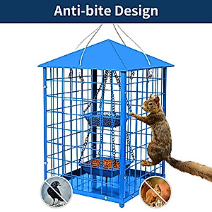 Mealworms Bird Feeders for Bluebirds - Metal - Huge Caged Squirrel-proof Bird Feeders with 2 Cups, DIY Wild Bird Feeders Outdoor Hanging (Blue), Attract Small Birds, 2lbs Seed Capacity+1 Mealworms Cup