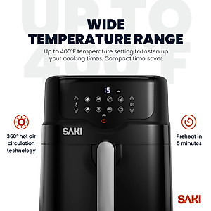 SAKI Smart WiFi Air Fryer 5 Quart, Air Fryer, Preheat, 7 Cooking Functions, 100 Recipes & Accessories Included, HF-8350DT, Black