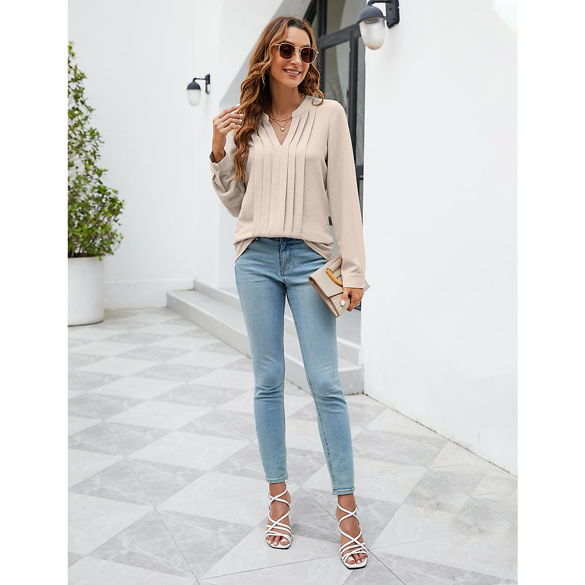 Blooming Jelly Women's Dressy Casual Blouses Business Work Tunic Tops Cute Long Sleeve V Neck Pleated Shirts 2025 Fall Outfits (Apricot,Small)