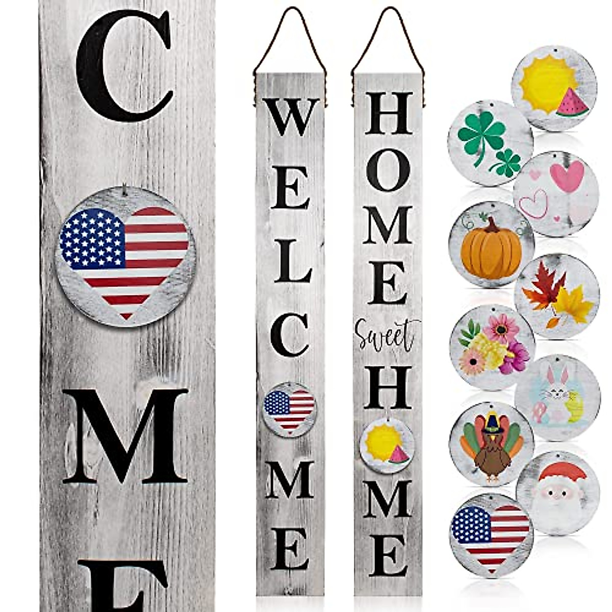 Farmhouse Welcome Sign For Seasonal Front Door Decoration - Double Sided 5 ft Tall Sign w/ 10 Elements Enhances Your Christmas Decor - Standing/Hanging Sign Adds The Perfect Touch To Your Porch