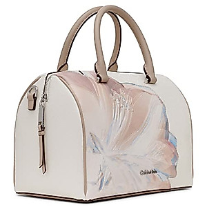 Calvin Klein Ashley Top Zip Dome Satchel, Cherub White Multi Printed Textured Emboss Logo