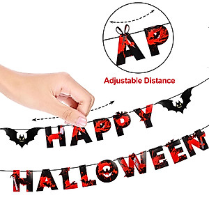 MiniRed Halloween Banner, Happy Halloween Bunting Banner with Bats, Premium Horror Halloween Party Decorations Supplies (With 12PCS 3D Bat Stickers)