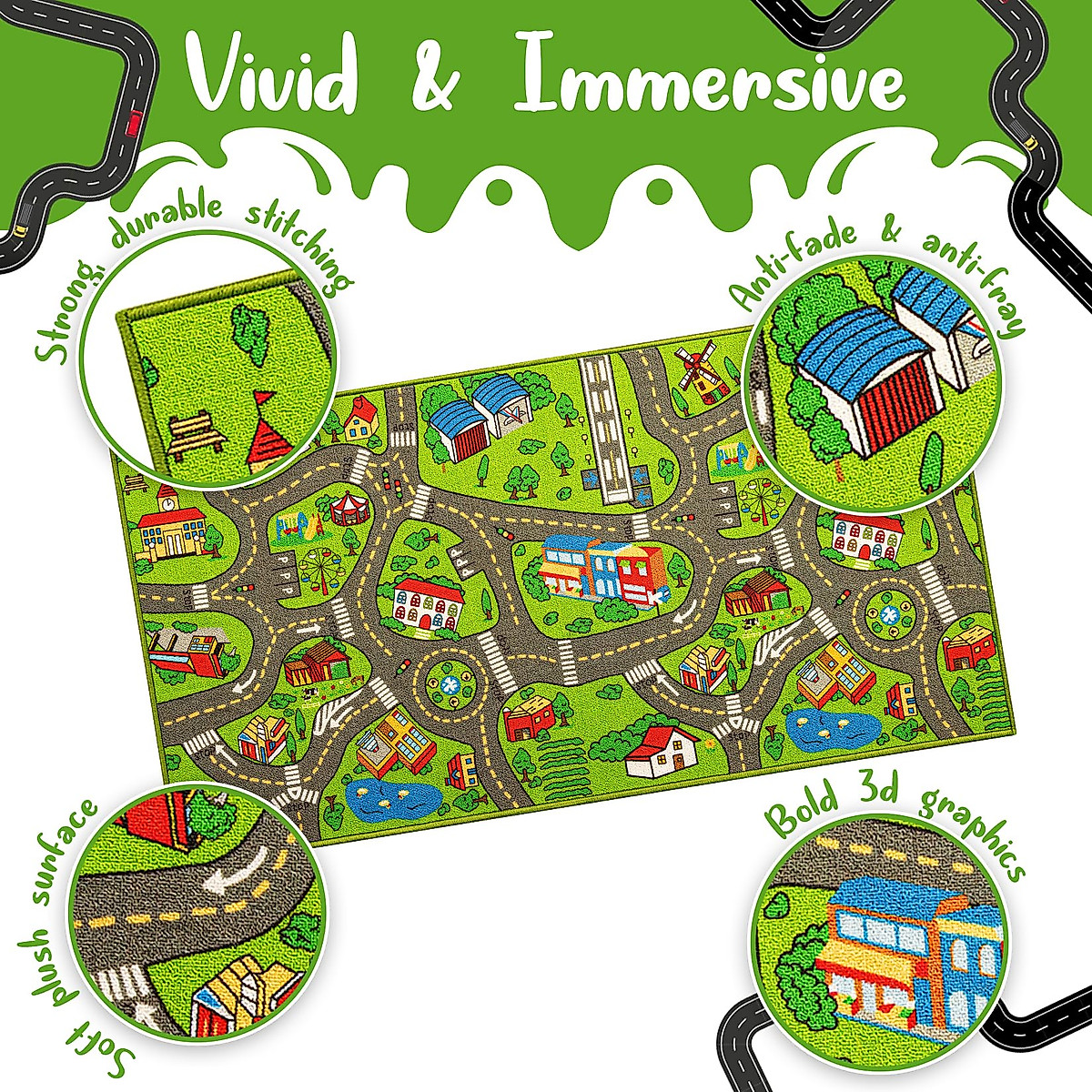 Kids Carpet Playmat City Life 3D Playroom Rug | 30 x 60 Inch Extra Large Toddler Activity Mat for Race Cars & Toys | Playroom Rug Makes a Fun Educational Gift Idea for Boys & Girls (Green)