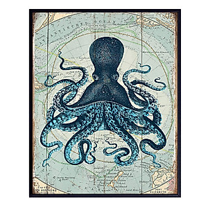 Retro Style Nautical Home, Office, Apartment or Wall Decor Picture - Vintage Octopus Photo Print is Great Gift or Decoration for Bathroom, Beach or Ocean House - 8x10 Art Poster