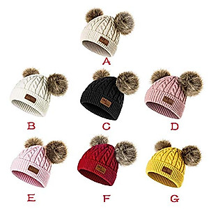 Infant Toddler Beanie Woolen Hat Pure Color Winter Twist Double Pom Pom Wool Knitted Cap for 0-3 Years Old (A- Beige, 0-3 Years Old)