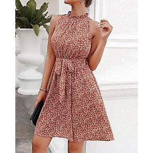 BTFBM Women 2025 Halter Neck Summer Dresses Casual Sleeveless Floral Polka Dot Print Ruffle Mini Boho Beach Sun Dress(Floral Print Red, Medium)