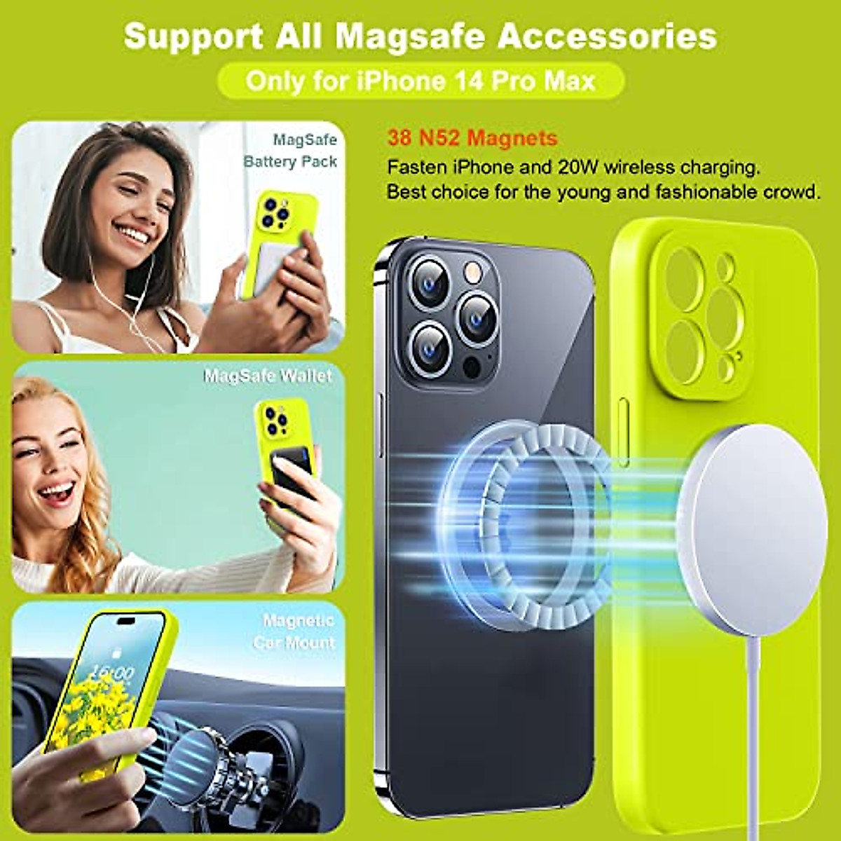 Vooii Compatible with MagSafe iPhone 14 Pro Max Magnetic Case,[9H Screen Protector][Camera Protective][Soft Microfiber Lining] Liquid Silicone Shockproof Case for iPhone 14 Pro Max - Fluorescent Green