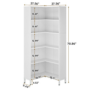 LITTLE TREE 70.8-in Tall Bookcase, 6-Tier White L-Shaped Bookshelf, Modern Corner Bookcase Bookshelf, Freestanding Display Storage Rack with Back Panel for Living Room, Bedroom