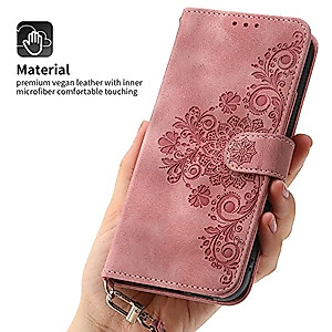 ONV Case for Oppo A17 4G - Flower Embossed Flip Phone Case Card Holder Magnet with Lanyard PU Leather + Soft Shell Wallet Cover for Oppo A17 4G [DEF] -Pink