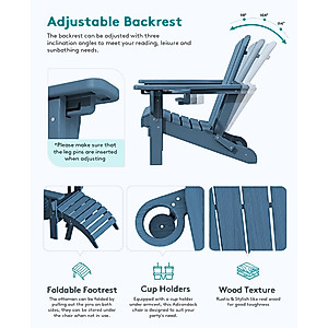 SERWALL 5-Piece Adirondack Chair and Ottoman and Table Set, HDPE Weather Resistant Adjustable Backrest Adirondack Chair with Ottoman and Side Table, Navy