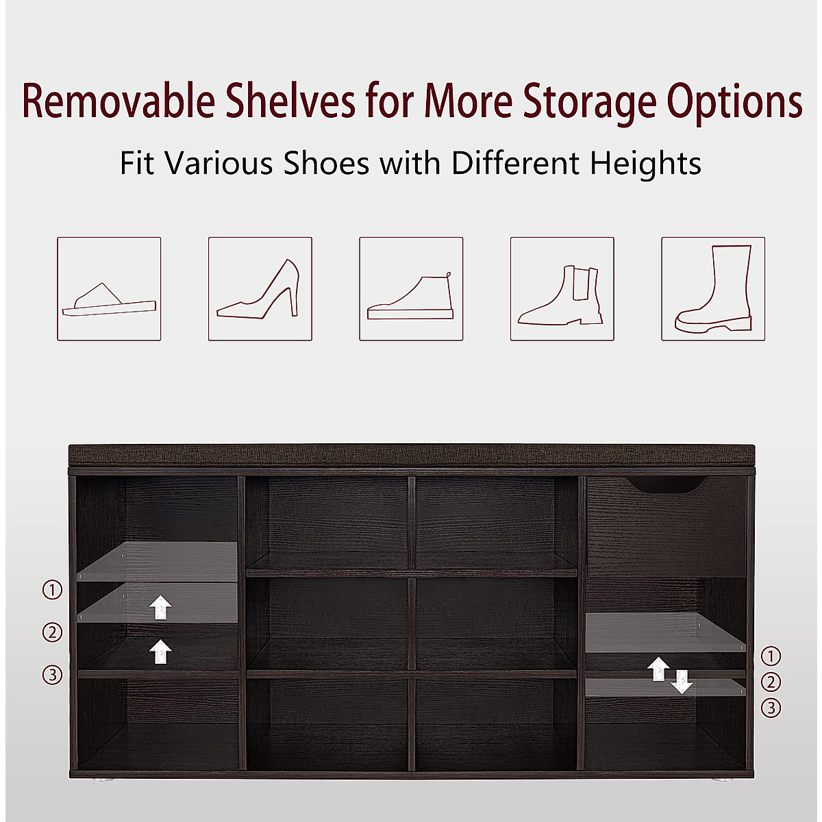 DINZI LVJ Shoe Bench, Entryway Storage Bench with Drawer and 11 Cubbies, Cubby Shoe Rack with Adjustable Shelves, Shoe Organizer Cabinet for Living Room, Bedroom, Mudroom, Closet and Garage, Espresso