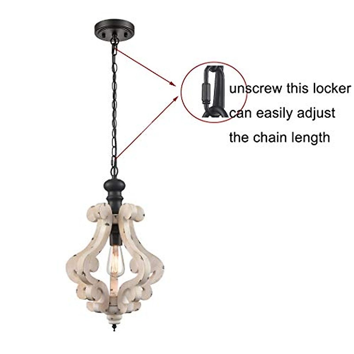 CLAXY Wooden Pendant Light Distressing Off-White Finish Farmhouse Chandelier