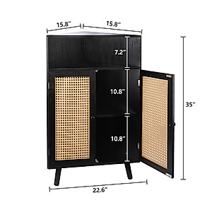 ZYBT Rattan Corner Storage Cabinet, 4-Tier Cabinet with 2 Rattan Doors, Small Wood Corner Table Bar Cabinet, Small Space Freestanding Corner Shelf Stand for Living Room, Bedroom, Kitchen (Black)