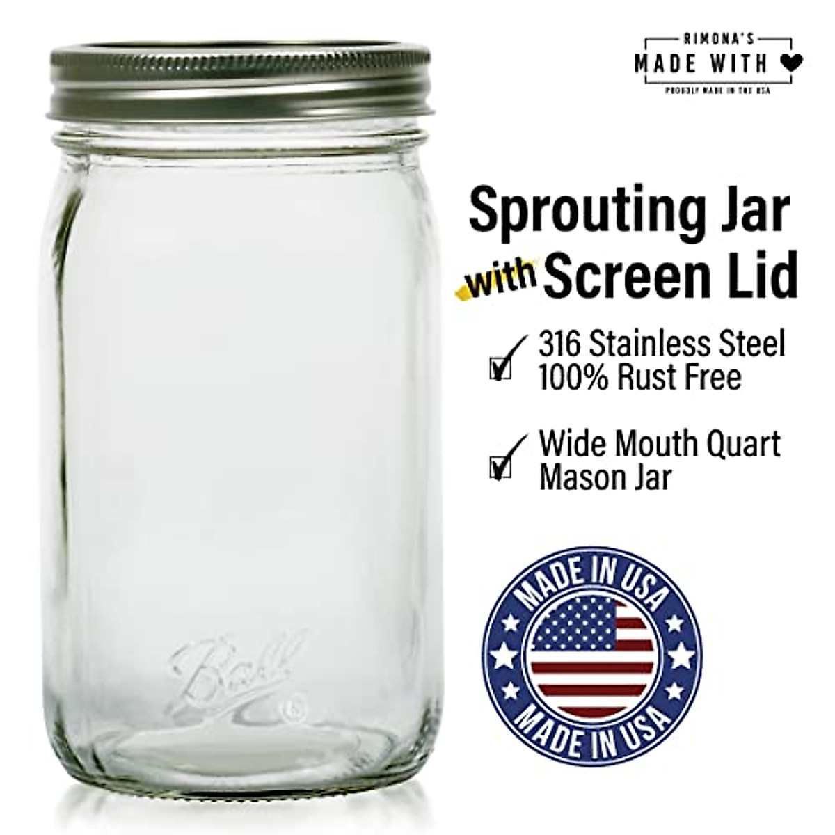 RIMONA’s Sprouting Kit - Stainless Steel Curved Enhanced Mesh Strainers (1 for Big and 1 for Small Seeds), Ball Mason Jar & Holder - Sprout Growing Kit for variety of seeds