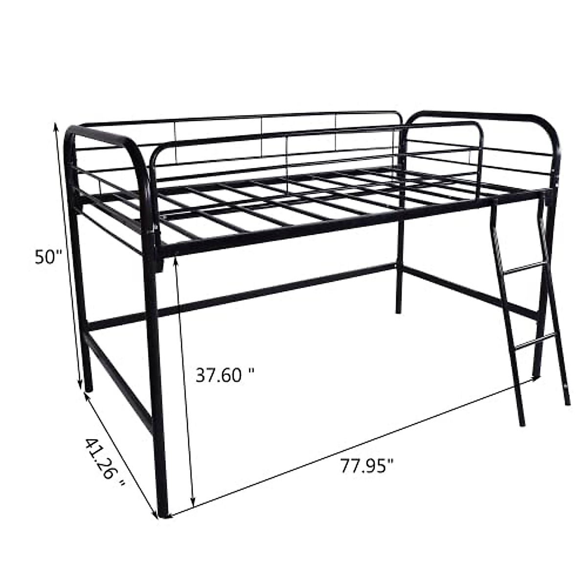 Majnesvon Metal Low Loft Bed Twin Size with Sturdy Steel Frame, Twin Loft Bed Frame with Ladder and Safety Guardrails, Storage Space Under The Bed for Kids, Toddlers, Teens (Black)
