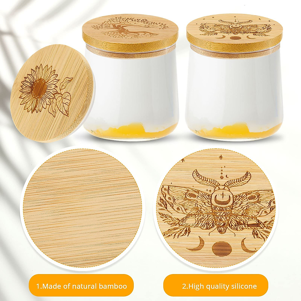 Tessco 6 Packs Yogurt Jar Lids Set Bamboo Wood for Jars Reusable Lid with Silicone Sealing Rings and Different Patterns Compatible Oui Glass Containers