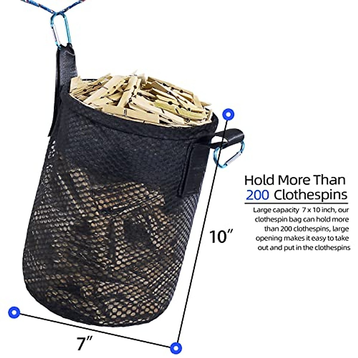 KOOZTI Mesh Clothespin Bag Holder Outside, Multiple Hanging Methods Clothes Pin Bag with Drawstring Closure, Ventilation and Moisture Resistance, Large-Capacity Clothespin Storage Organizer with Hooks