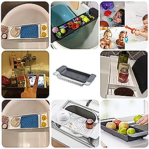 Expandable Bathtub Tray Drain Bath Caddy Tray Retractable Bath Caddy Tray Bathtub Storage Rack with Wine Glass Shelf Book Holder Candlestick Handle Dish Drain Rack
