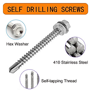 Self Tapping Screws with Rubber Washer,420 PCS Self Drilling Screws for Metal 410 Stainless Steel Sheet Metal Screws #8#10#12-1/2" to 2" Available, Wafer Head TEK Head Screws for Building and Repair