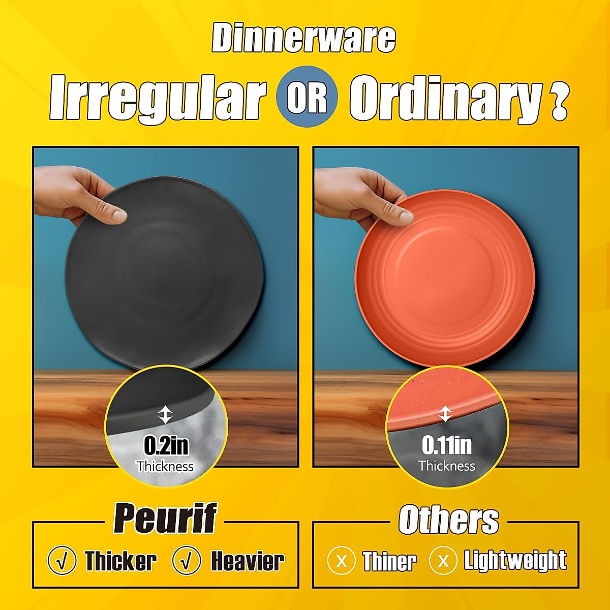 Teivio 8-Piece Irregular Large Plastic Wheat Straw Dinner Plate Set, 10.6'' Thick Round Kitchen Dinner Plates, Lightweight & Unbreakable Dinnerware Dishes Set for Fruit Snack Pizza Pasta, Black