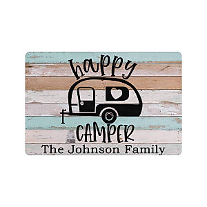 Artsadd Custom Your Family Name Doormat Personalized Camper Funny Door mat,Happy Camper, 24 x 16 Inches Indoor Outdoor Welcome Rug Rv Decor for Garden Kitchen Bedroom
