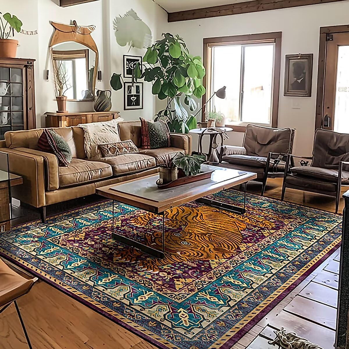 Tibetan Tiger Rug Boho Leopard Print Rug 4x5 ft Animal Print Area Rug for Bedroom Yellow Tiger Carpet for Living Room Non-Slip Washable Door Mat