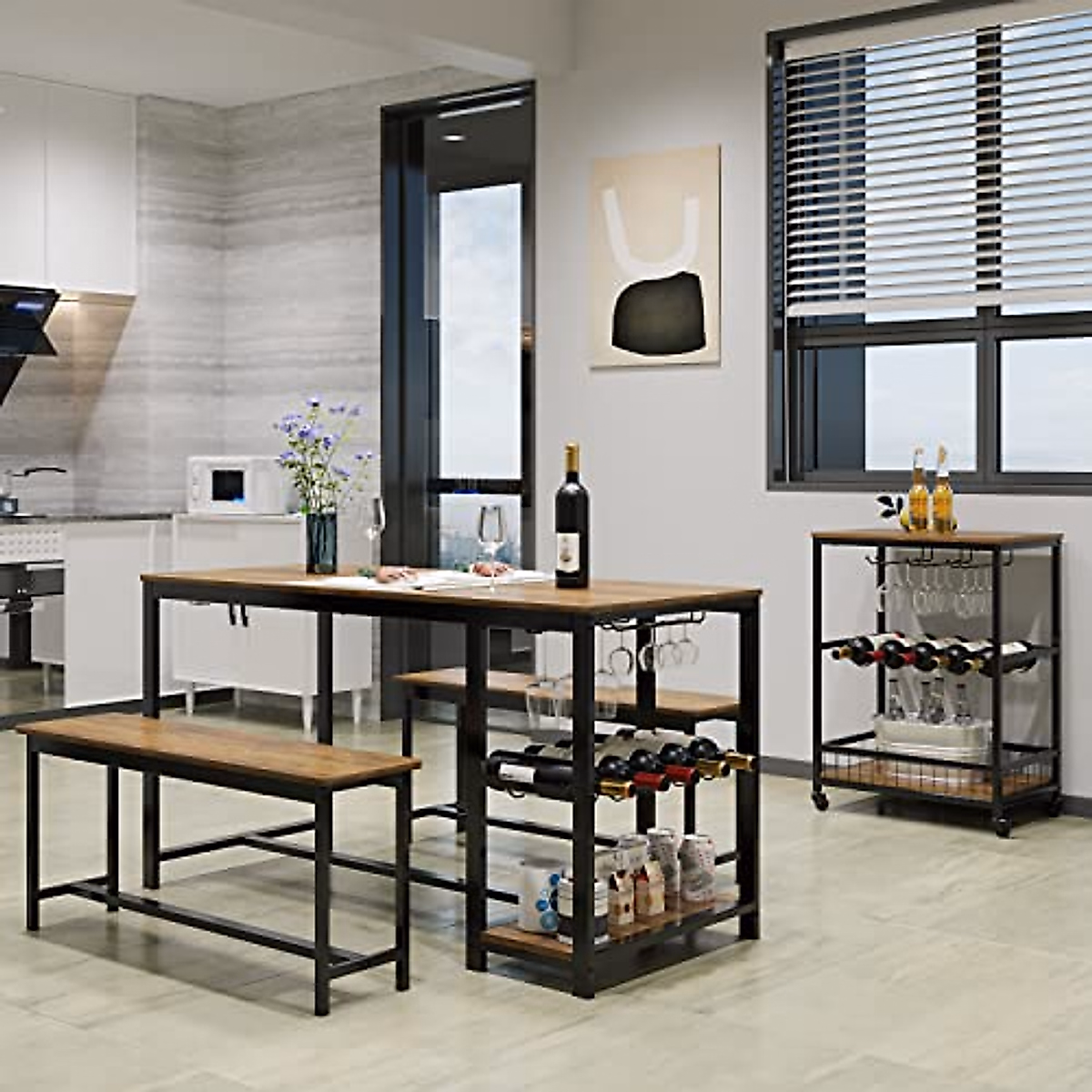 HITHOS 3-Piece Dining Table Set, Rustic Wood Kitchen Dinner Table with Benches for 4, Breakfast Nook Table with Wine Rack and Glass Holder, Rustic Brown